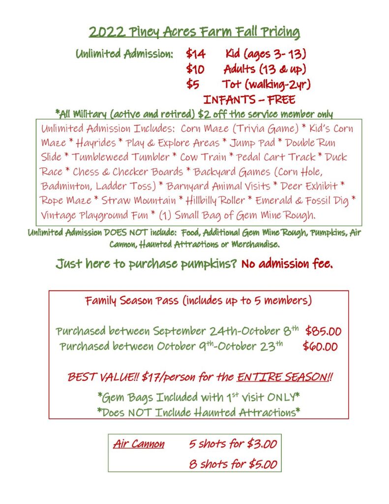 Fall Pricing - Piney Acres Farm